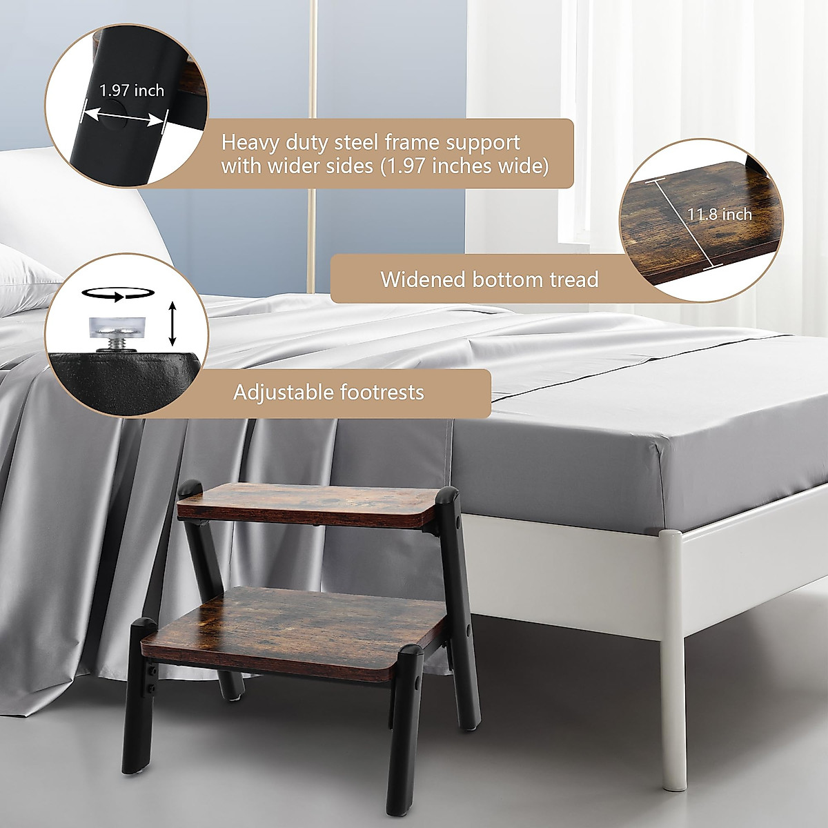 Azysow Wooden Step Stool for Adults Kids,Bedside Step Stools for High Beds,Kitchen Step Stool,Heavy Duty Sturdy 2 Step Stool,Widened Metal Frame, Holds up to 500 LB(Brown)