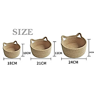 Small Woven Baskets | Mini Storage Bins | Cotton Rope Baby Nursery Organizers | Cute Round Cat Ears Basket for Organizing Desk Decor Kids Toy Dog Cat Baby Girls Gifts-Set of 3(Beige)