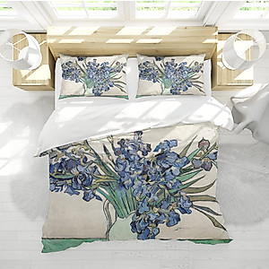RIVINE Impressionism Style Duvet Cover Set 3 Pieces Blooming Irises, 1890 Breathable Bedroom Bedding Set with 2 Pillow Shams 4 Ties Zipper Queen