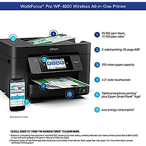 Epson Workforce Pro WF-4820 Wireless All-in-One Color Inkjet Printer, Print&Copy&Scan&Fax, Duplex Printing, 35-Page ADF, 25ppm, Mobile Print, 4.3" Color TS, Wi-Fi, Ethernet, Lanbertent Printer Cable
