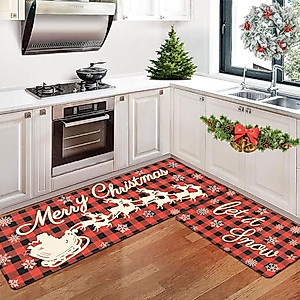 Ileading Buffalo Plaid Merry Christmas Kitchen Mats Set of 2 Let It Snow Anti Fatigue Kitchen Mats for Floor Snowflake Winter Holiday Area Rug Cushioned Standing Desk Mat for Home Kitchen Floor