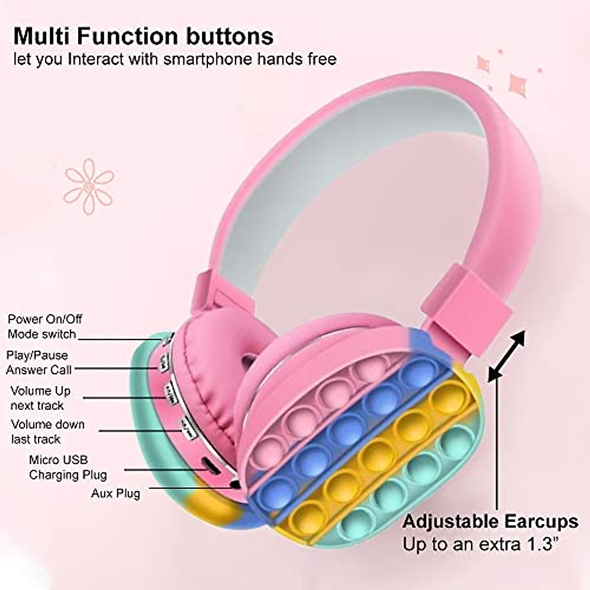 Acuvar Wireless or Wired Bluetooth 5.2 Rechargeable Over The Ear Headphones with Silicone Fidget Pop Bubbles Microphone, Powerful Surround Stereo Bass and Passive Noise Cancelling (Pink)