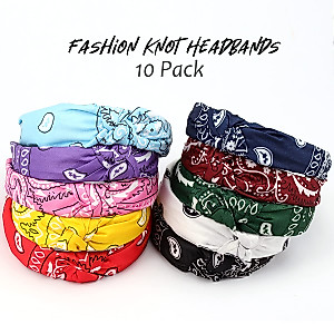 TOBATOBA Knotted Paisley Hair Bandanas - 10 Pack Wide Turban Headbands, Vintage Boho No Slip Fashion Headbands for Women