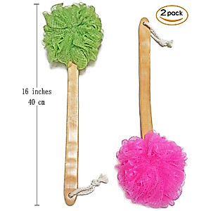 Shower Loofah Body & Back Scrubber - Exfoliating Loofah luffa loofa Bath Brush On a Stick - with Long Wooden Handle Back Brush for Men & Women - Easy Reach Body Wash & Lotion Applicator 2-Pack