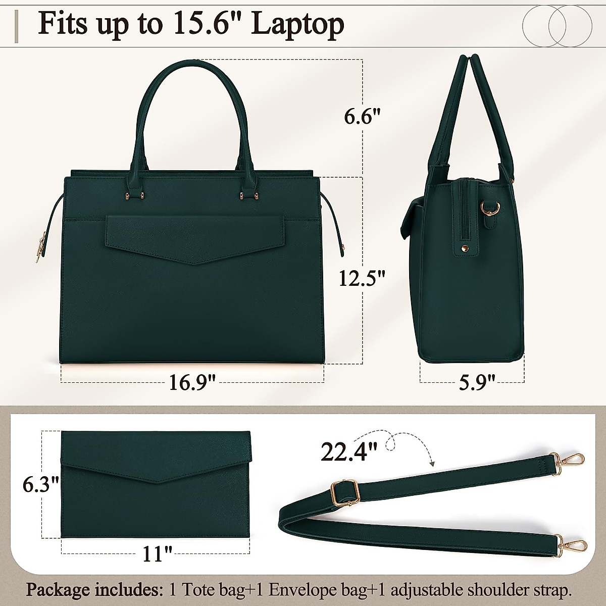 NEWHEY Women's Dark Green Leather Tote and Envelope Bag Set, 16.9in x 5.9in x 12.5in, 2-in-1 Design, Magnetic Closure, Adjustable Shoulder Strap
