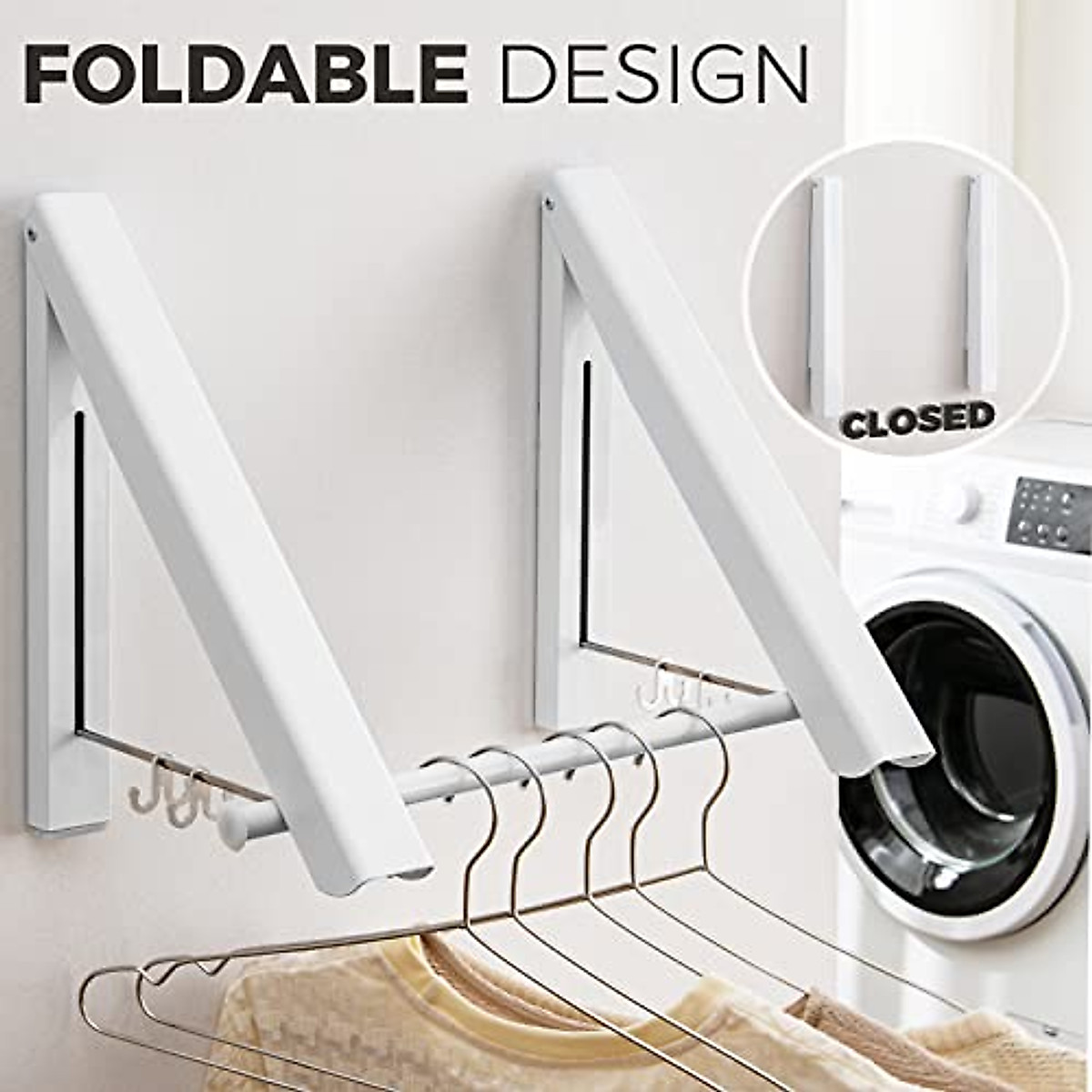 Ainpota 2 Pack Clothes Drying Rack Triangle Wall Mounted Drying Rack Clothing Laundry Drying Rack Collapsible with Rod for Laundry and Indoor，White