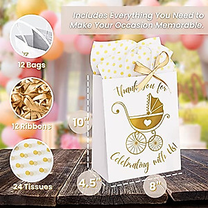 12 Pack Baby Shower Gifts Bag with Tissue Paper and Ribbons - Gold Baby Shower Gifts Bags Medium Size, Baby Gift Bags for Baby Shower, Baby Boy Gift Bag, Baby Girl Gift Bag, Gender Reveal Gift Bag Bulk (8"L x 4.5"W x 10"H, White)