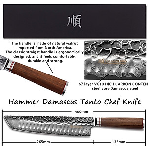 YOUSUNLONG Tanto Chef Knife 10 inch Japanese Hammered Damascus Steel - Natural Walnut Handle with Leather Sheath
