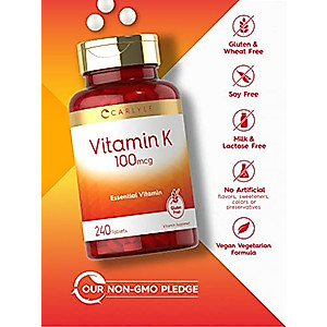 Carlyle Vitamin K 100 mcg | 240 Tablets | Vegetarian, Non-GMO, Gluten Free | Vitamin K Supplement