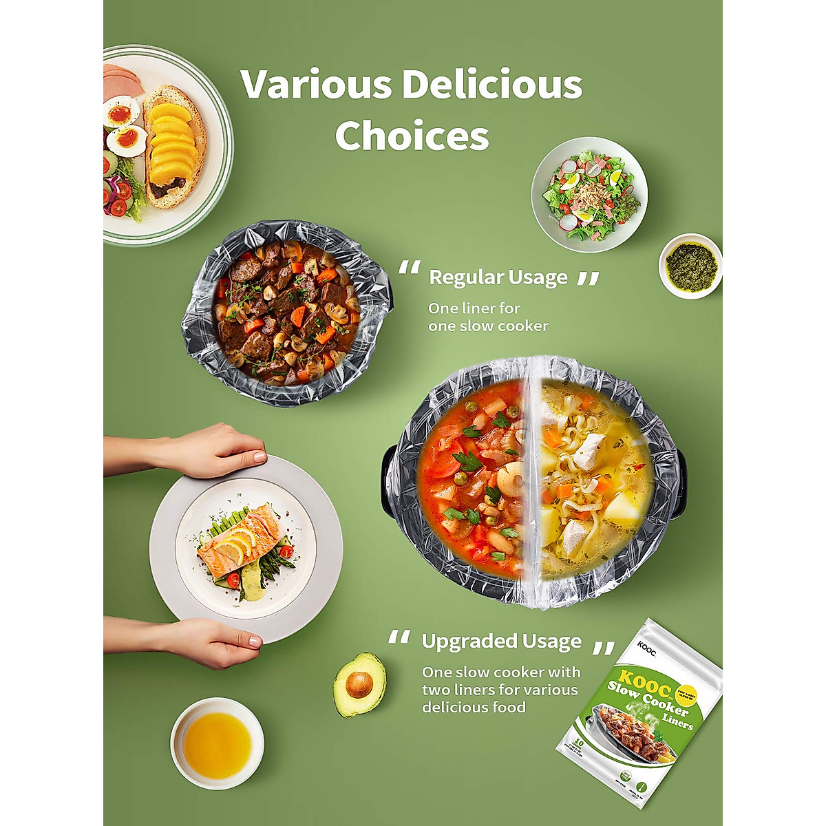 [NEW]KOOC Premium Slow Cooker Liners and Cooking Bags, Large Size Fits 4QT to 8.5QT Pot, 13"x21" (20 counts), Suitable for Oval & Round Pot, BPA Free