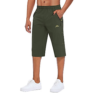 MAGCOMSEN Mens 3/4 Capri Pants Outdoor Quick Dry Knee Length Gym Drawstring Training Workout Running Shorts Army Green, 40