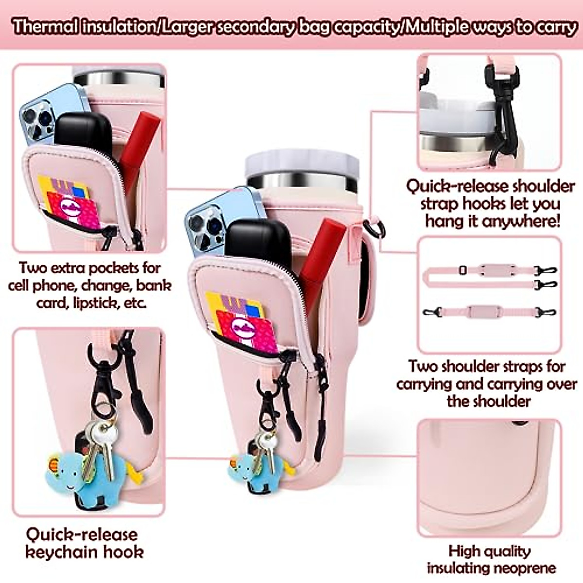 BABORUI Water Bottle Holder for Stanley with Strap, Water Bottle Carrier for Stanley 40oz, Adjustable Crossbody Shoulder Hand Strap 2 Pouch Water Bottle Accessories for Travelling Hiking Camping