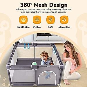 Baby Playpen for Babies and Toddlers, 50 x 50 inch Baby Play Yards, Kids Play Pen for Indoor & Outdoor, Large Baby Playpen, Portable Toddler Play Yard with Carrying Bag, Anti-Slip Base, Li'l Pengyu
