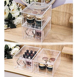 SuoXing Stackable Makeup Plastic Organizer Storage Drawers,4.5'' Tall Acrylic Bathroom Organizers,2 Pack Cosmetic Display Case Plastic Storage Bins For Vanity,Undersink,Pantry Organization and Storage