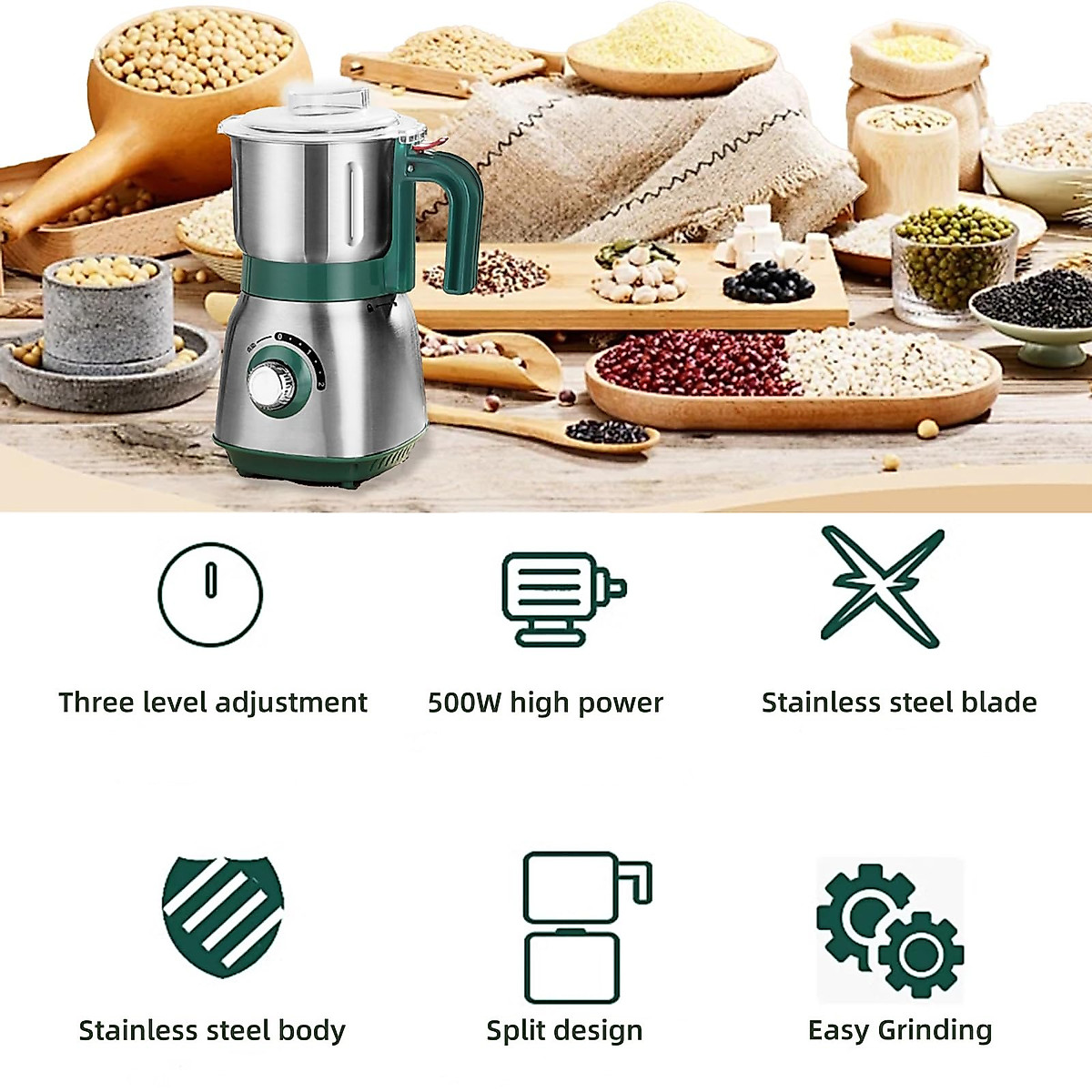 Electric Grain Grinder 600g, Electric Bean Grinder, and Spice Grinder, Split Design Grinder, 500W Removable Blade Grinder Applicable to Coffee Beans,Herbs,Nuts,Spices,Grain Mill, Wet and Dry Grinder