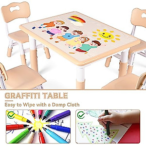 DOREROOM Height-Adjustable Kids Table and 4 Chairs Set, Toddler Table and Chair Set with Graffiti Desktop, 31.5''L x 23.6''W Children Activity Table for Daycare, Classroom, Home