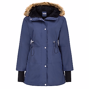 GRACE KARIN Women’s Winter Warm Thickened Outerwear Zip-up Coat Faux Fur Hood Parkas Navy L