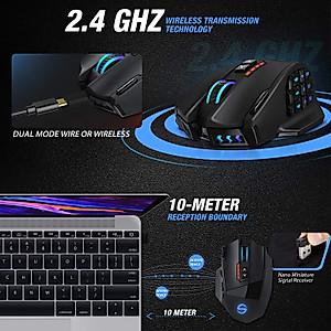 UtechSmart Venus Pro RGB Wireless MMO Gaming Mouse, 16,000 DPI Optical Sensor, 2.4 GHz Transmission Technology, Ergonomic Design, 16M Chroma RGB Lighting, 16 programmable Buttons, Up to 70 Hours
