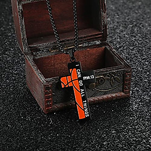 Susook Basketball Cross Necklace for Boys Bible Verse I CAN DO All Things Stainless Steel Sport Pendant for Men(Black)