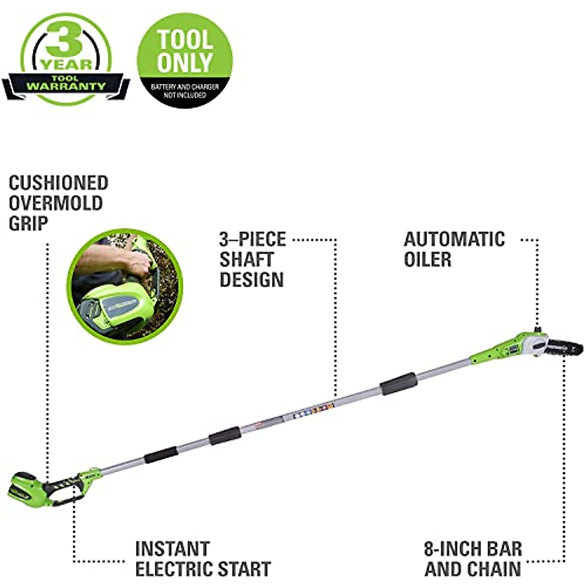 Greenworks 40V 8-Inch Cordless Pole Saw, Battery and Charger Not Included, 20302