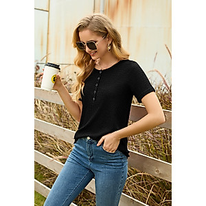 IWOLLENCE Womens Button Down Shirt Short Sleeve Henley Shirt Waffle Knit Tunic V Neck Tops Loose Fit Black Large