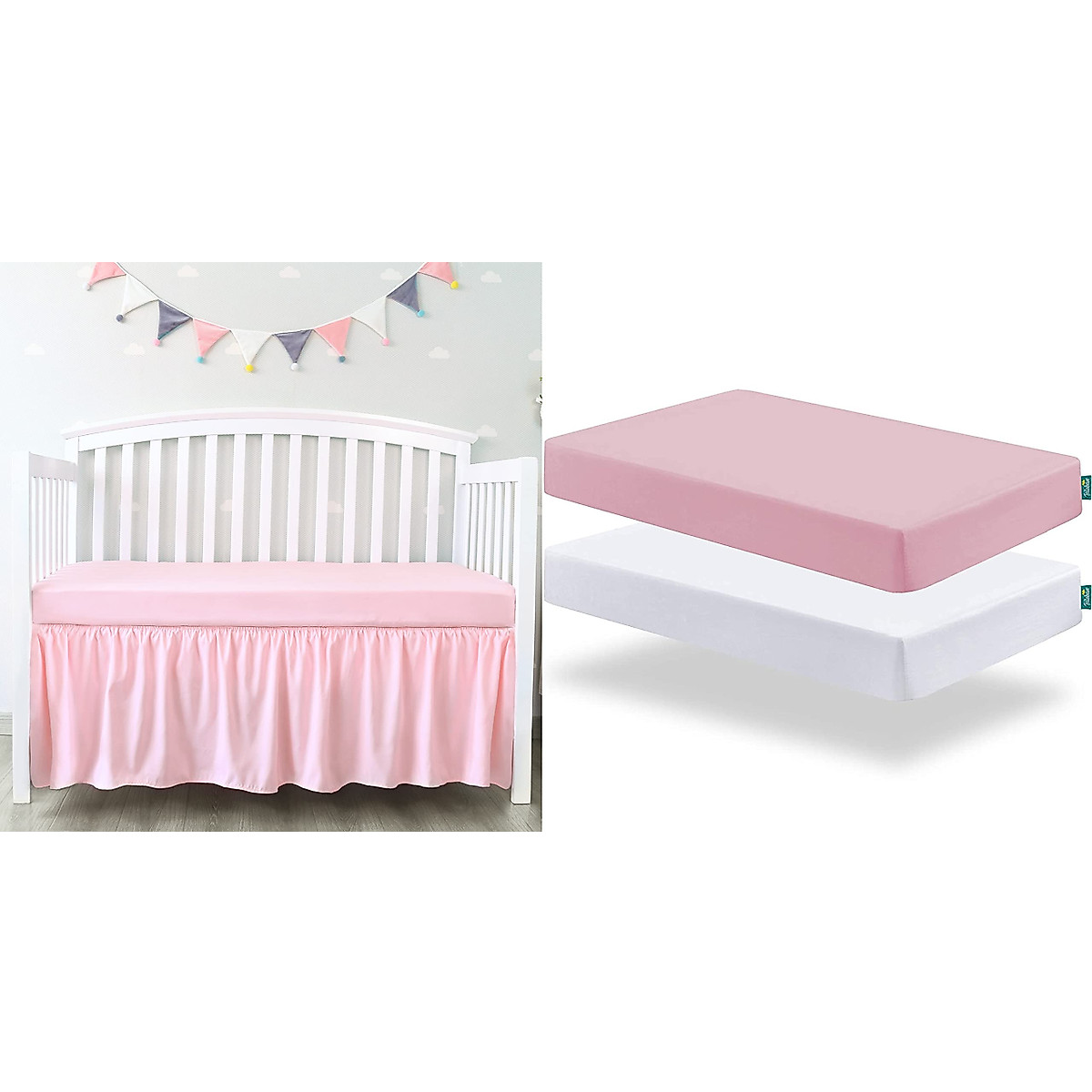 Biloban Fitted Crib Sheets for Standard Crib & Crib Skirt Pleated Dust Ruffle Pink