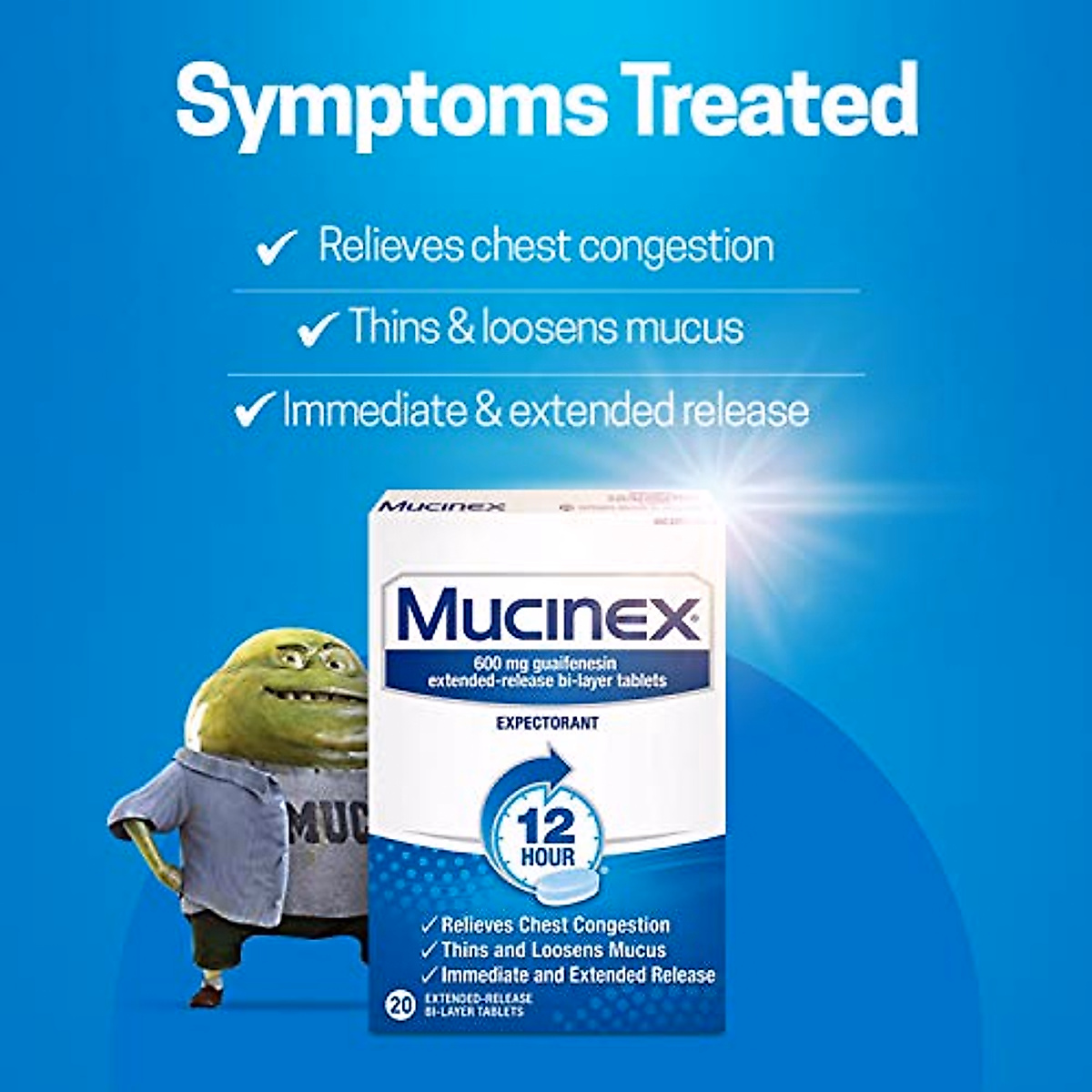 Chest Congestion, Mucinex Expectorant 12 Hour Extended Release Tablets, 20ct, 600mg Guaifenesin with Extended Relief of Chest Congestion Caused by Excess Mucus. Thins and Loosens Mucus