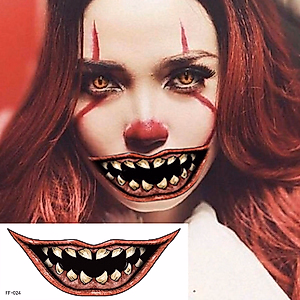 Halloween Temporary Horror Scary Mouth Tattoo Stickers Prank Props Makeup Costume Accessories Face Kit Men or Women Adults Kids Cosplay Party Masquerade