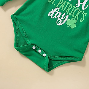 My First St. Patrick's Day Baby Girl Outfit Green Long Sleeve Romper Four Leaf Clover Flared Pants Headband Set (Green, 0-3 Months)