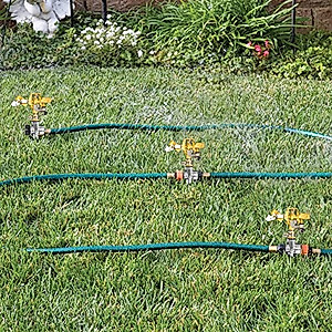 Hourleey 2 Pack Brass Impact Lawn Sprinklers for Yard, Heavy Duty Adjustable Pulsating Water Sprinkler Head with Aluminum Alloy Spike Base for Large Area Patio Garden