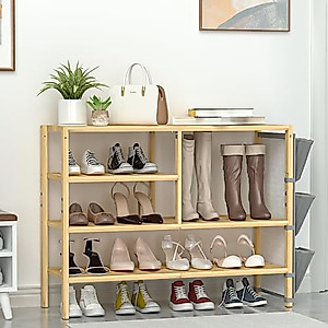 CozyBath Bamboo Shoe Rack, 4 Tiers Shoe Organizer for Closet, Sturdy Boots Shoes Storage for 20-24 Pairs, FreeStanding Shoe Shelf with Removable Pocket for Entryway Bedroom Front Door