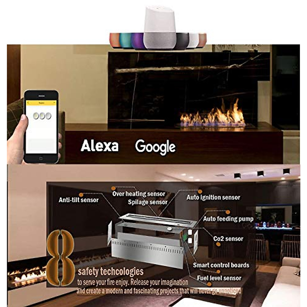 Remote Control Fireplace 180 cm 72'' Black WiFi Google Alexa 20L Bio Ethanol Burner Insert