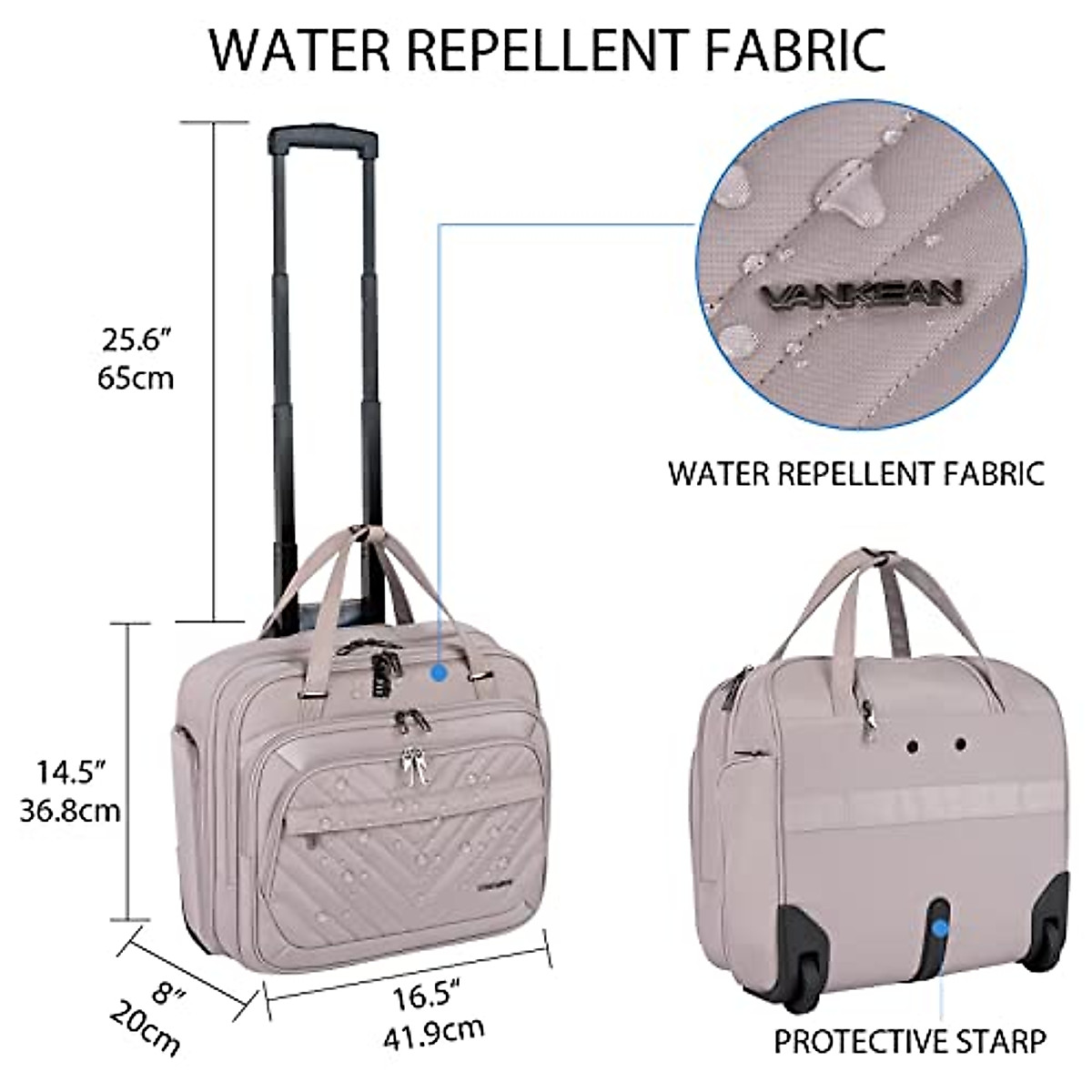 VANKEAN Rolling Laptop Bag Women with Wheels, 15.6 Inch Rolling Briefcase for Women, Water Repellent Overnight Rolling Computer Bag with RFID Pockets for Travel Business Work School, Light Dusty Pink