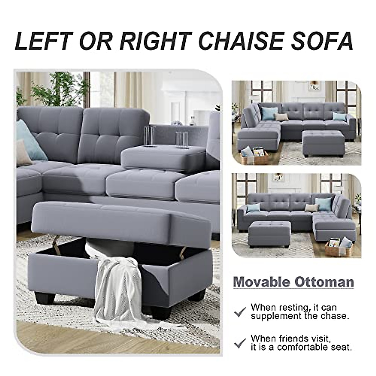 Evedy Modern Sectional Sofa,L-Shaped Couch with Two Cup Holders&Storage Ottoman,3-Seaters Sofa with Extra Wide Reversible Chaise,Upholstered Sofas for Living Room Large Space Dorm Apartment