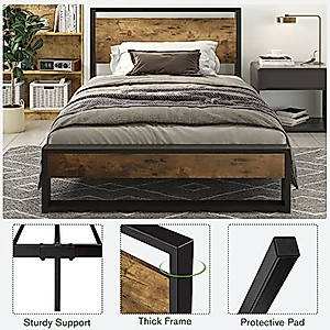 IMUsee Twin Bed Frame with Wood Headboard, Rustic Farmhouse Twin Platform Bed Frame for Kids with Heavy Duty Strong Metal Slats Support, Modern Bed Framework, No Box Spring Needed, Easy Assembly