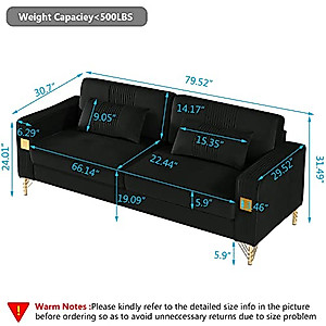 Betoko Velvet Upholstered Sofas Couches for Living Room Modern Channel Tufted Small 3 Seater Sofa Couch with Golden Metal Legs for Bedroom Office and Small Spaces (Black)