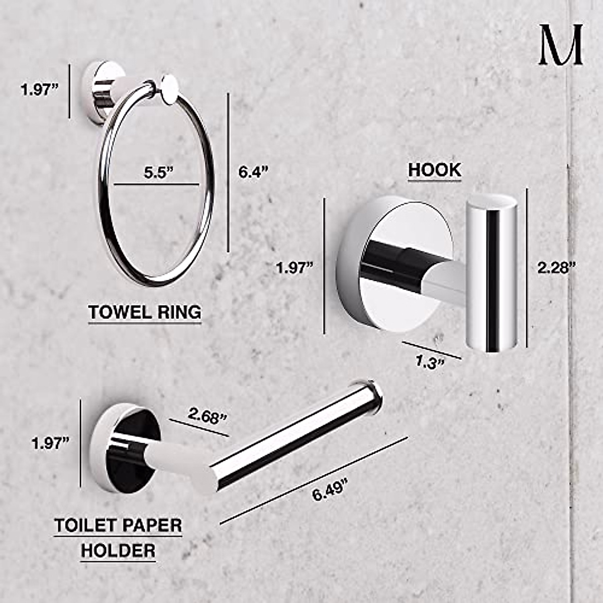 MARMOLUX ACC Chrome Bathroom Hardware Set 3 Piece-Robe Hook, Hand Towel Holder and Toilet Paper Holder, Wall Mounted Bathroom Fixtures, Towel Rack Towel Hanger SUS 304 Stainless Steel, Polished Chrome