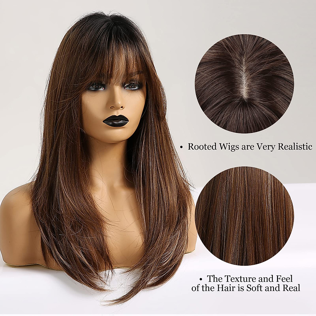HAIRCUBE Brown Wigs for Women Long Straight layered Wig with Bangs Highlight Colour Heat Resistant Fiber Synthetic Wigs Daily Natural looking