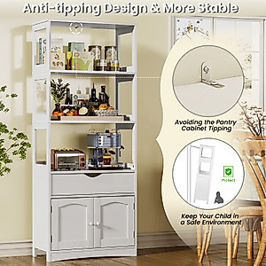 Kitchen Pantry Storage Cabinets Freestanding Tall Bathroom with Shelves and Drawer 64''H Sideboard Storage Cabinet with Microwave Space Cupboard Storage Organizer for Home Office,White
