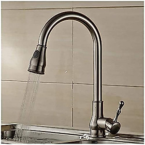 Kitchen Sink Faucet with Pull Out Sprayer, 2-Function Spray & Bubbler Brass Basin Mixer Tap Vanity Faucet Single Handle Cold and Hot Water Deck Mounted Kitchen Sink Taps,Brush Nick