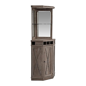 Home Source 73" Tall Corner Storage Cabinet with Wood Doors, Wine Rack, Liquor Glass Holder, Glass Design Large Rustic Bar Hutch for Living Room, Home Office, Kitchen, Small Space, Stone Grey