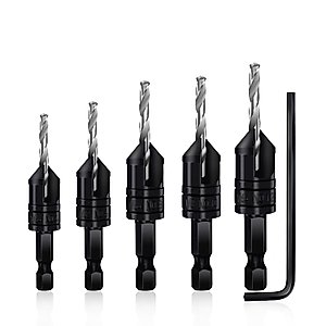 Countersink Drill Bit Set 5 pc,3in1 Woodworking Counterbore Hole Drill Bits,Tapered Countersink Bit,Depth Adjustable M2 Pilot Drill Bits, 82-Degree Chamfer, 1/4”Hex Shank
