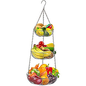 Heavy Duty 3-Tier Hanging Fruit and Vegetable Basket with 2 Metal Ceiling Hooks, Chrome