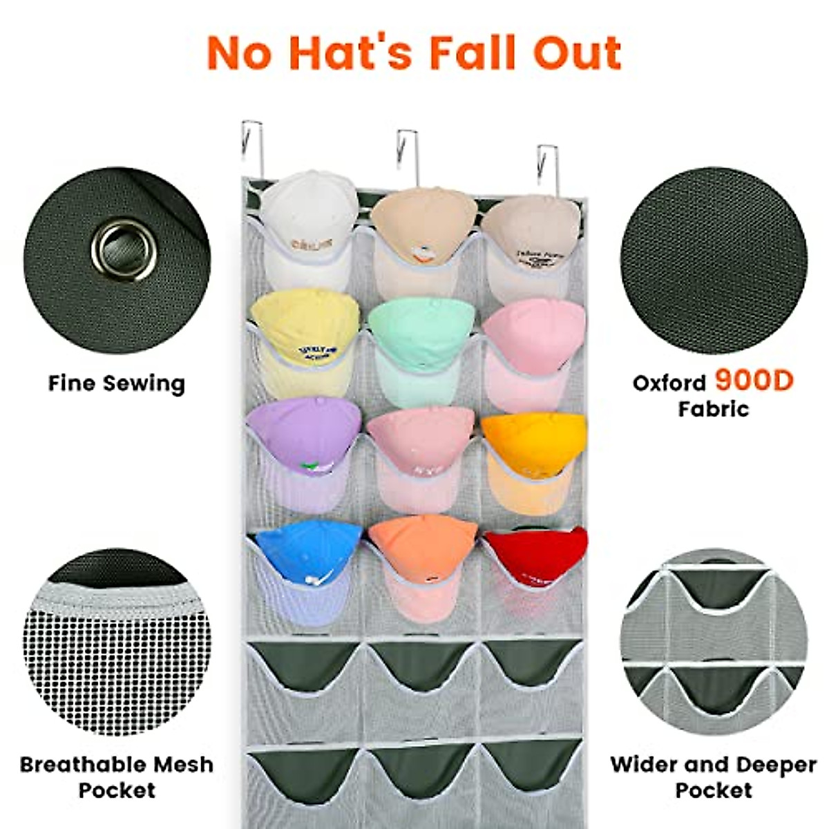Hat Racks for Baseball Caps, 24 Pockets Hat Organizer for Cap Collection, Hat Holder with Deeper Breathable Mesh Slots & Velcro Preserve Hats' Brims 1