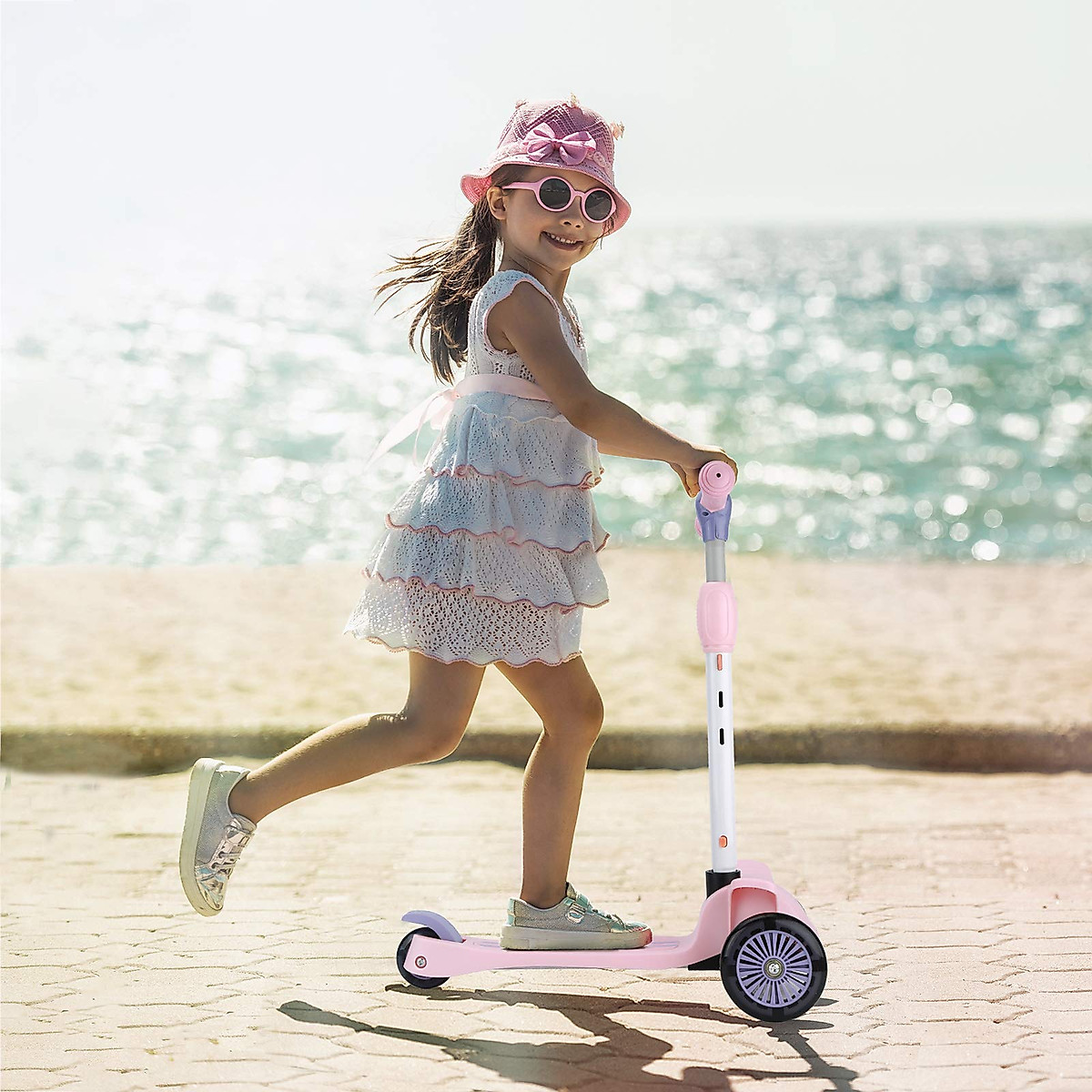 Wheelive 2 in 1 Kick Scooter with Removable Seat, 3 LED Wheels Kick Scooter for Kids, 4 Adjustable Height & Foldable Design Toddler Scooters Sit or Stand Ride for Boys & Girls 2-8 Years Old (Pink）