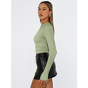Trendy Queen Womens Long Sleeve Shirts Basic Tees Crop Tops Going Out Spring 2025 Workout Outfits Y2k Clothes Light Green M