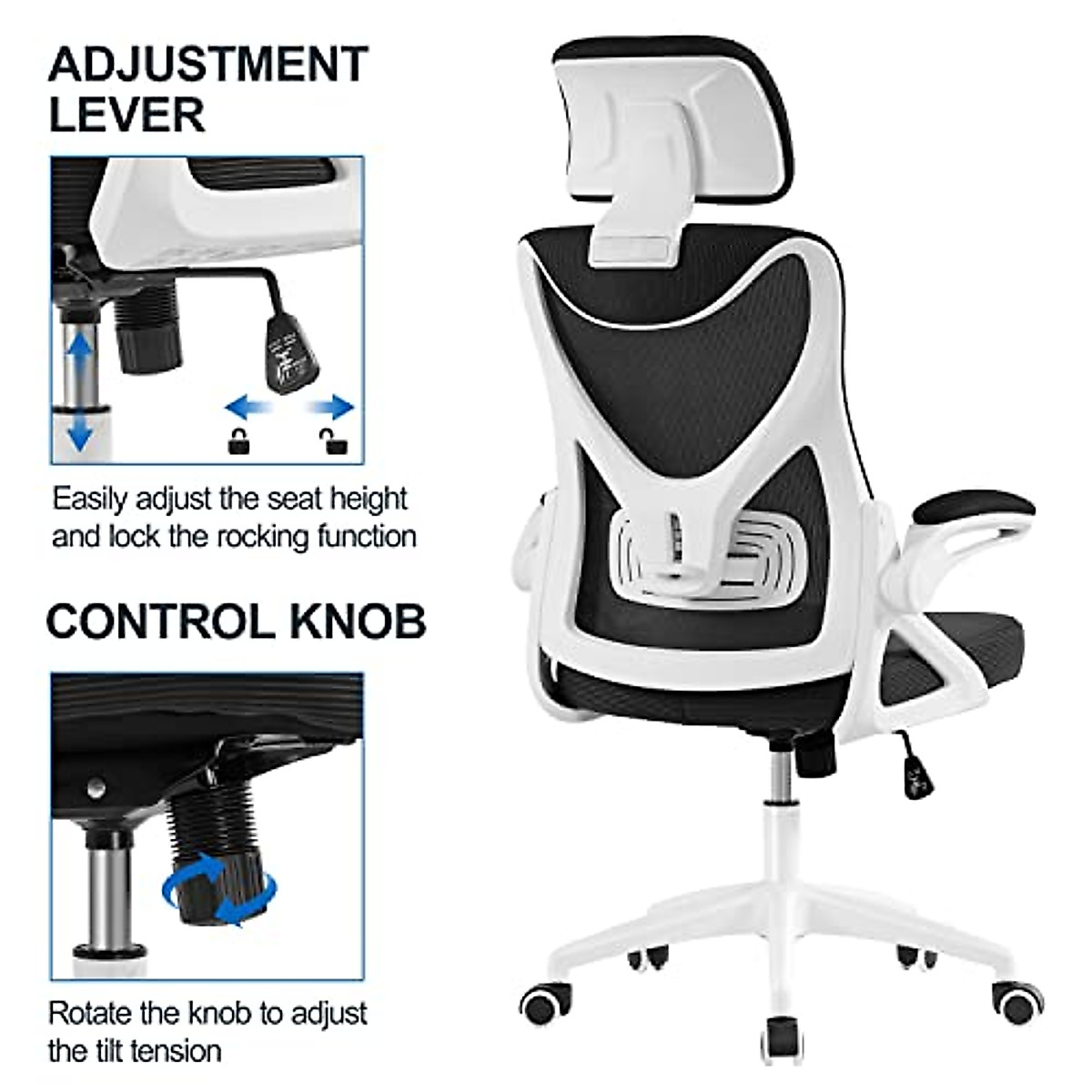 Yaheetech Ergonomic Mesh Office Chair, High Back Desk Chair with with flip-up Armrests, Adjustable Padded Headrest Computer Chair with Lumbar Support for Home Oiffce Game Room, White/Black