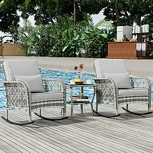 BALDPER 6-Piece Gray Wicker Patio Rocking Chairs Set, Rocking Wicker Bistro Set, Outdoor Furniture Conversation Set with Porch Chairs and Glass Coffee Table, Cloudy Grey