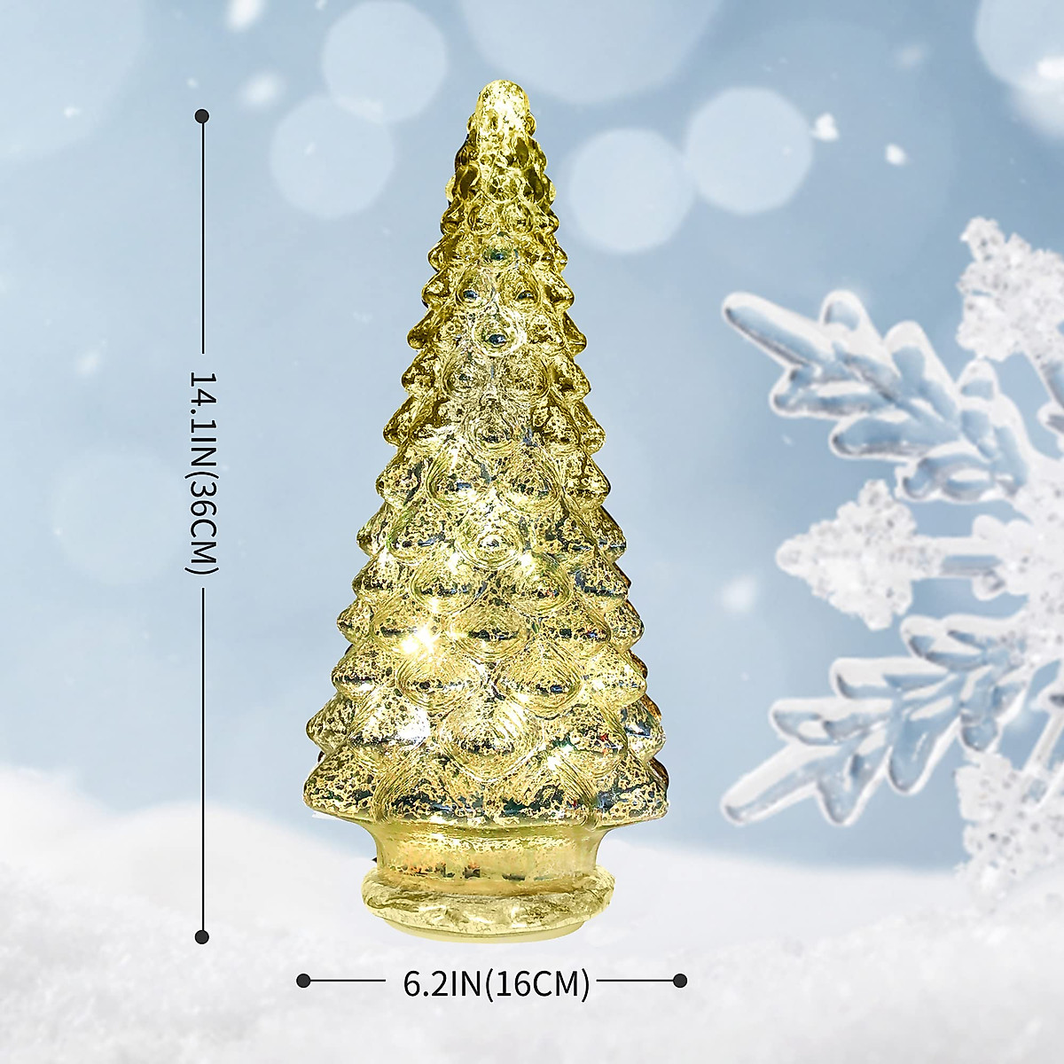 Yomikoo Glass Christmas Tree, 2PCS Lighted Mercury Glass Tabletop Christmas Tree Decoration for Party Ceremony 14.1"X 6.2" (Silver)
