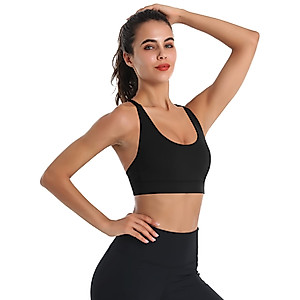 LEXISLOVE Strappy Sports Bras for Women Criss Cross Back Medium Support Workout Yoga Padded Sports Bra with Removable Cups Black L
